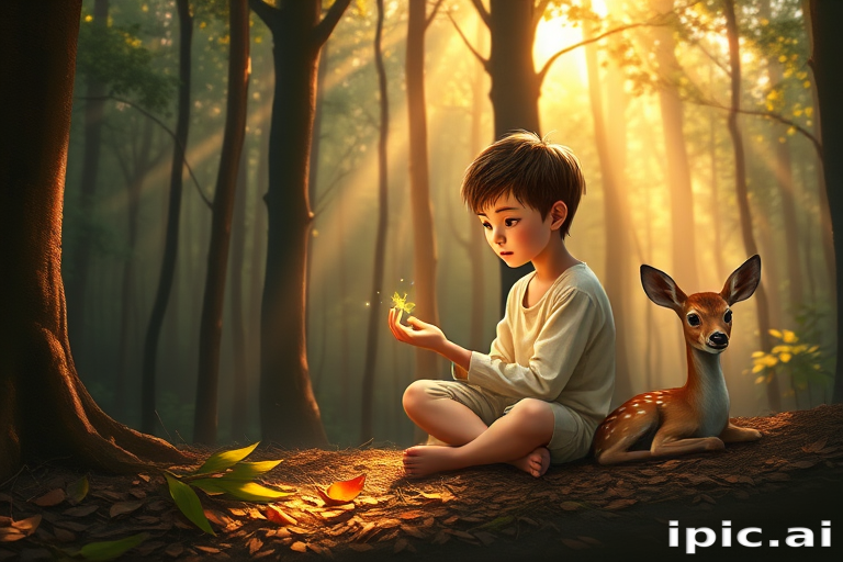 A Young Boy Sits in a Forest, Discovering Nature with a Fawn.
