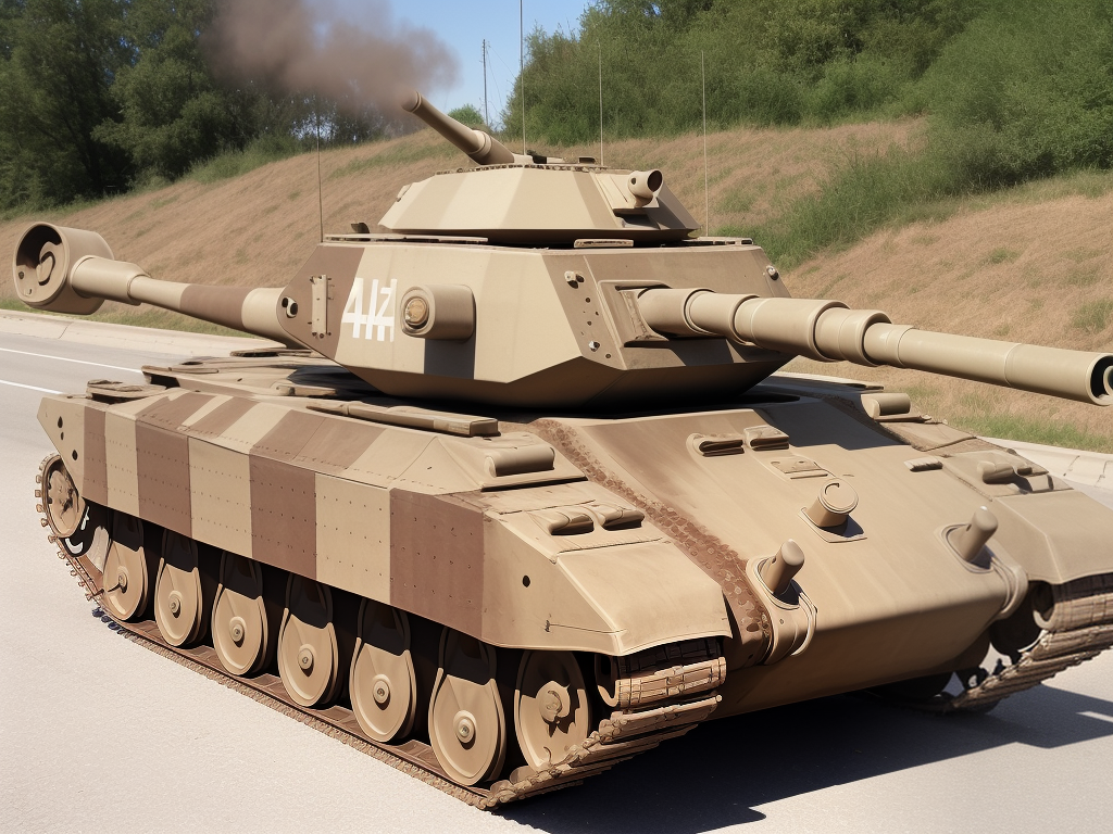 A Modern Battle Tank Maneuvering Along a Rural Roadway Under Clear Skies