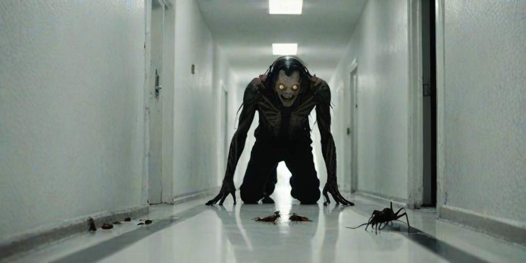 Sinister Creature Crawls Down an Abandoned, Dimly Lit Hallway of Fear