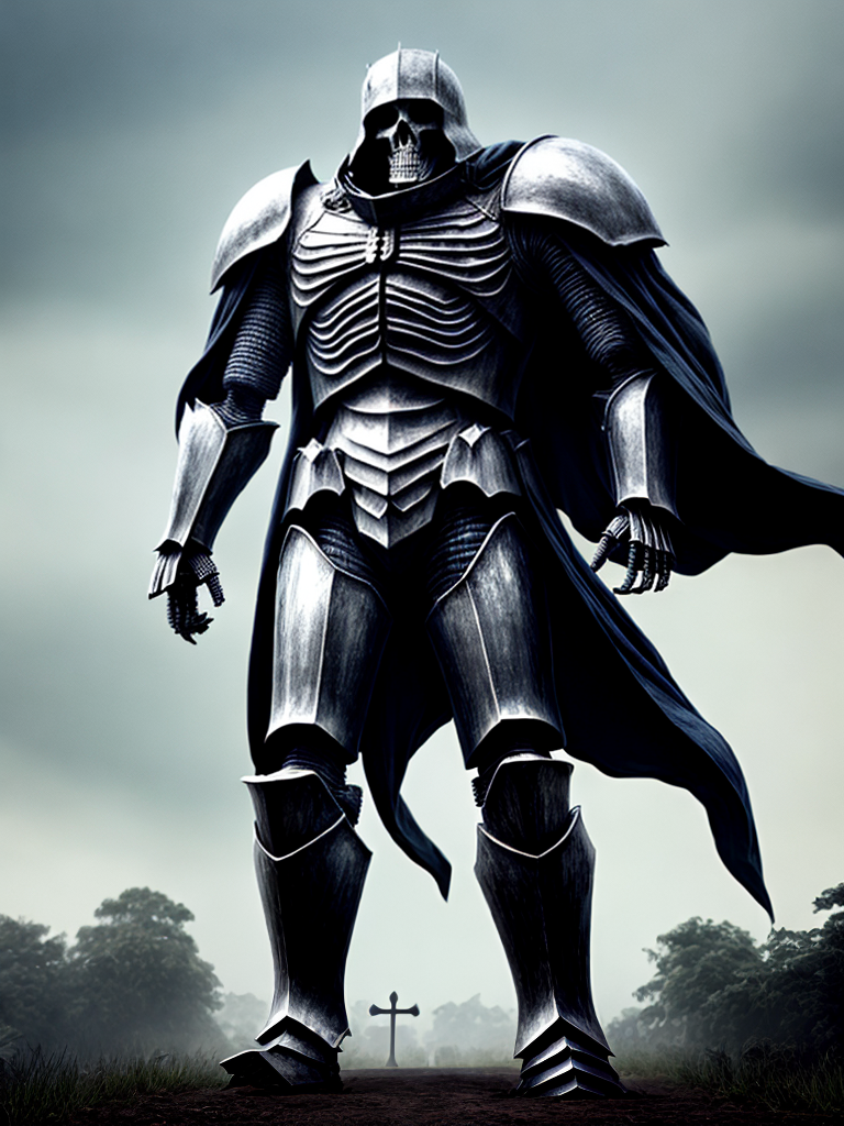 big gloomy skeleton with robust and giant medieval armor on dark background