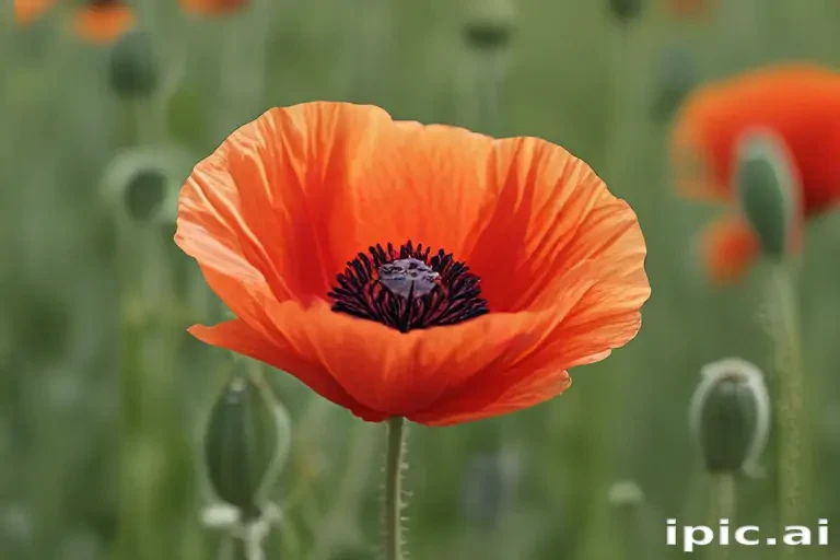 Vibrant Orange Poppy Blooming Amidst a Field of Green Stems and Buds
