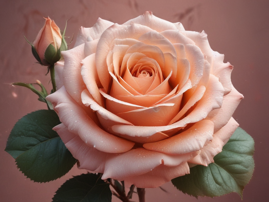 A Beautiful Peach Rose with Dew Drops Against a Soft Pink Background.