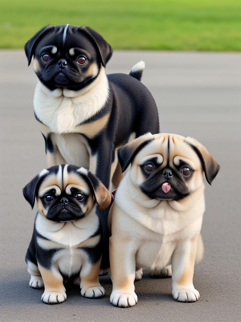 Adorable Trio of Pugs Posing Together in a Beautiful Outdoor Setting