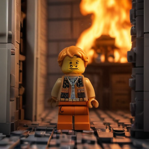 Lego styled character scared in a room of fire trying to escape it