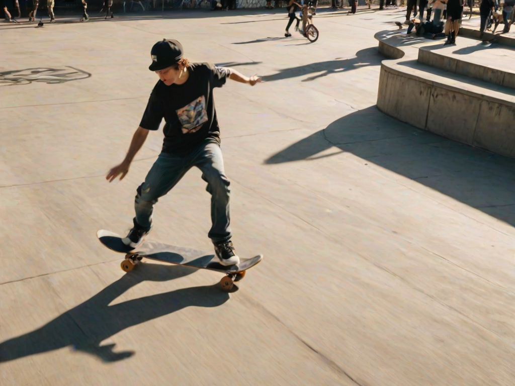 Skateboarder Performing a Trick in a Bustling Skate Park Scene.
