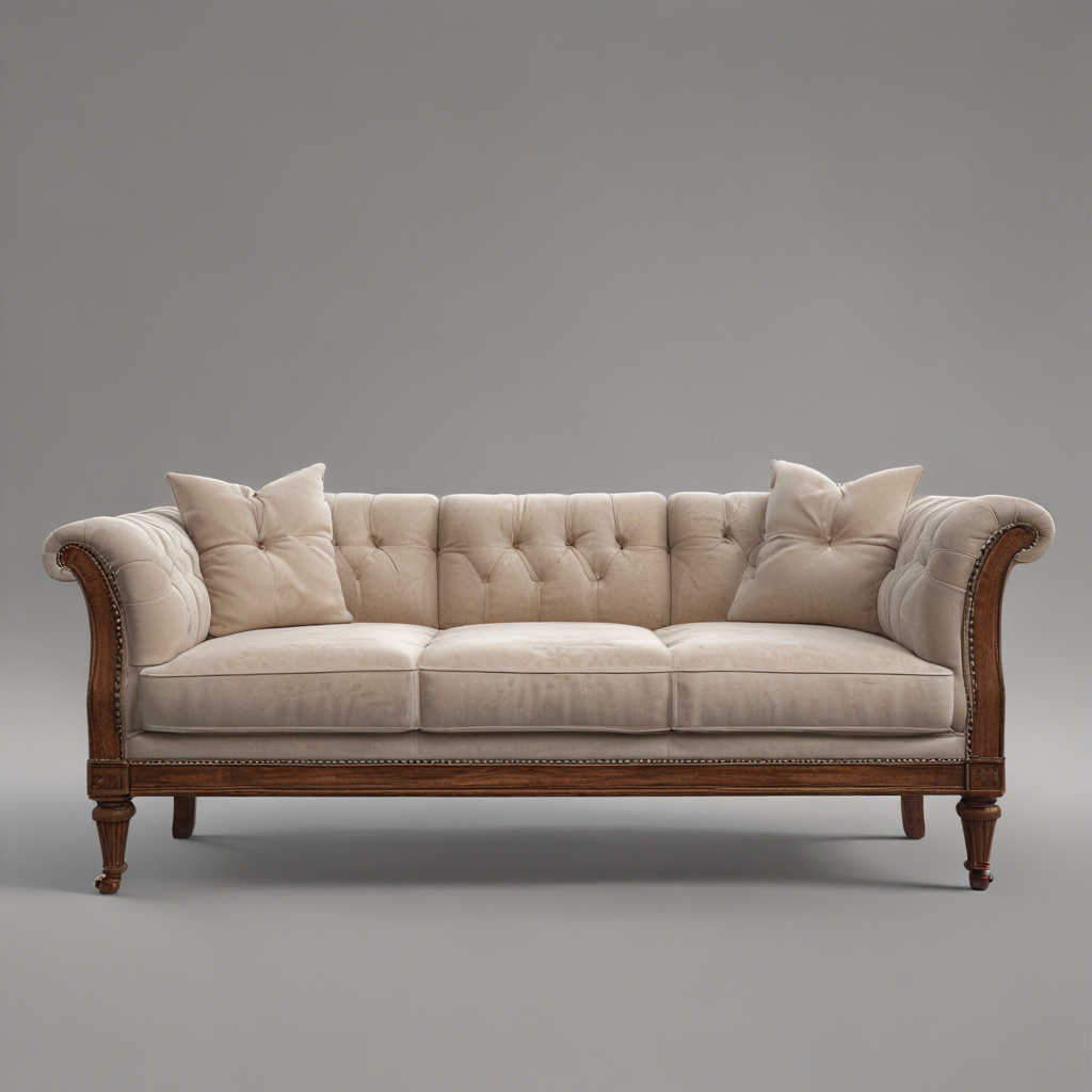 Elegant beige tufted sofa with wooden legs and decorative pillows.