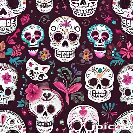 Colorful Collection of Sugar Skulls Surrounded by Vibrant Floral Patterns