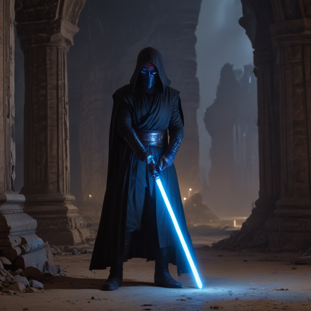dark jedi with one blue lightsaber in sith ruins, night, ennemy far