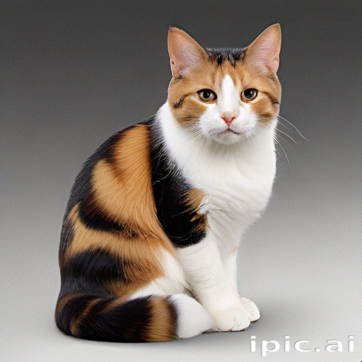 Charming Tri-Color Cat Sitting Gracefully Against a Soft Gray Background