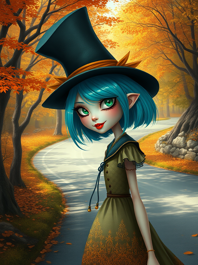 Enchanting Elf Girl in a Magical Autumn Forest Path Scene