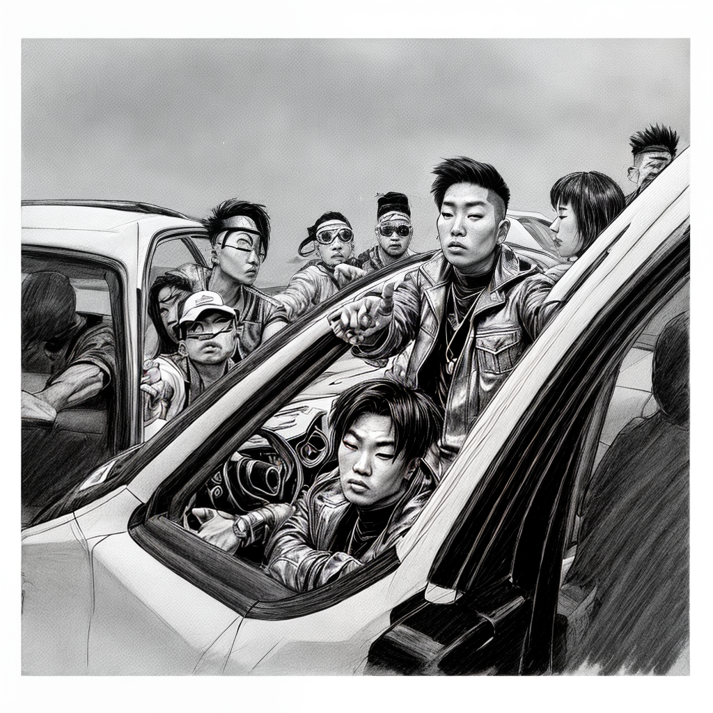 ONE ASIAN RAPPER SITING IN THE CAR WITH HIP HOP DANCERS. CLOSE-UP ...