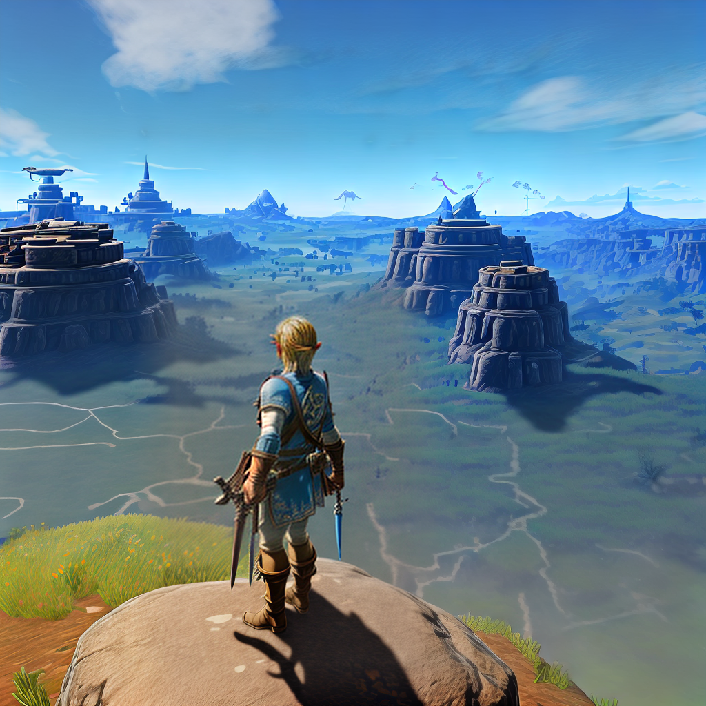 breath of the wild, link side view standing on a mountain with his ...