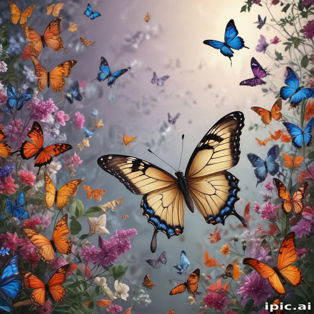 A Vibrant Garden Filled with Colorful Butterflies Dancing Among Flowers.