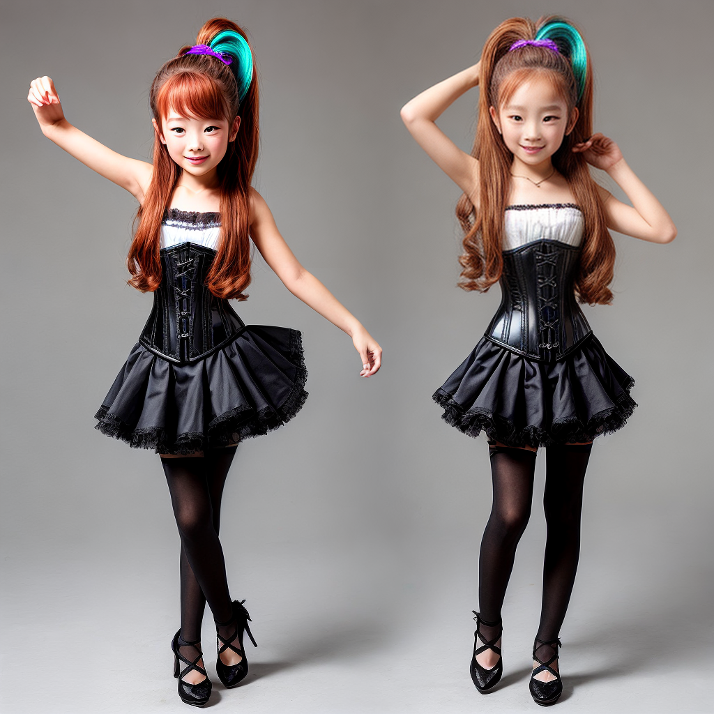 Elementary school student; long, copper hair with wavrs in high ponytail; corset and high heels ...