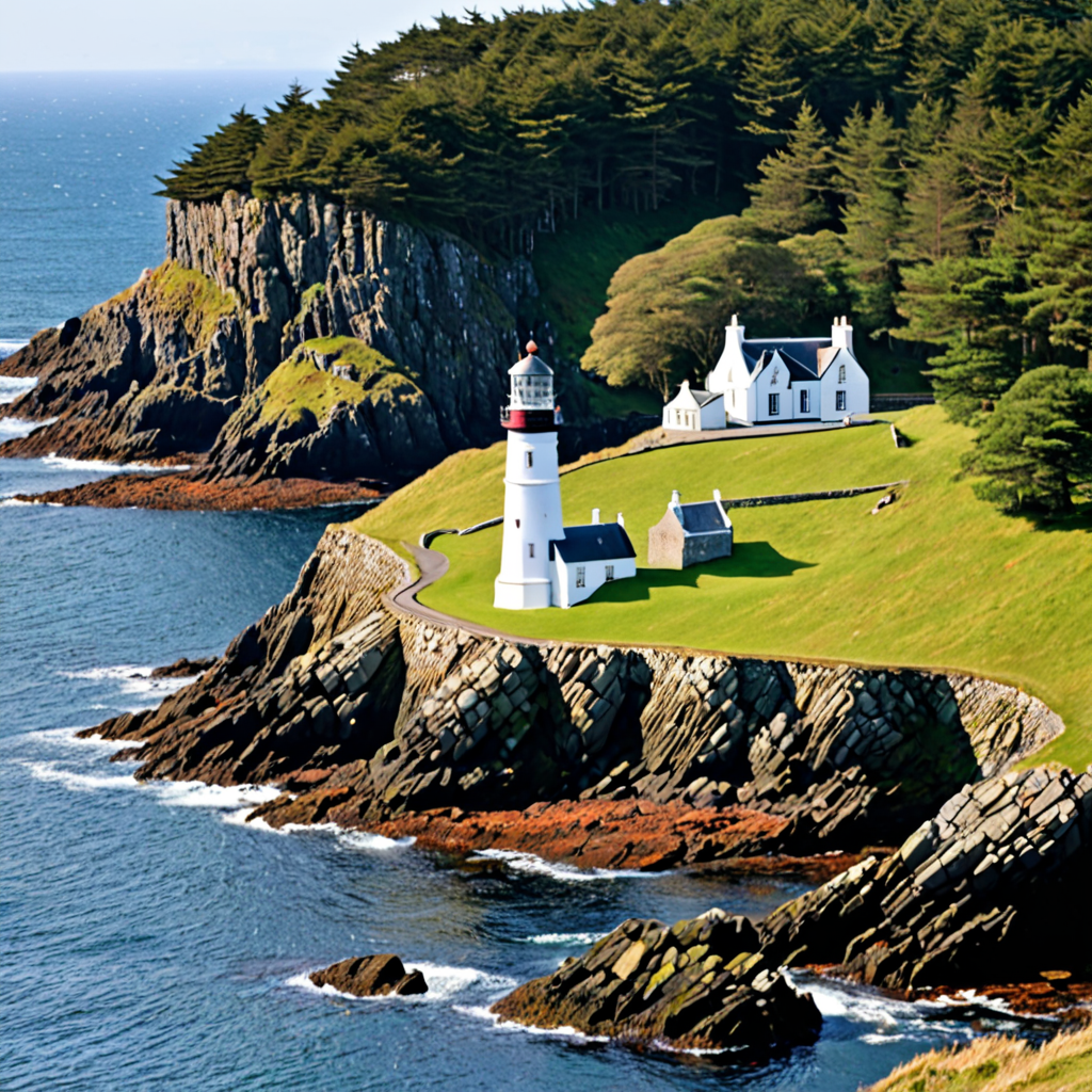 lighthouse with manor house, northern coast of scottland, forrest and rocks