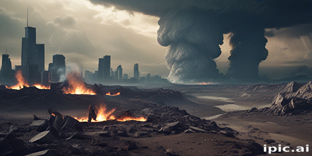 Desolate Cityscape Under Dark Clouds and Erupting Volcanoes in ...