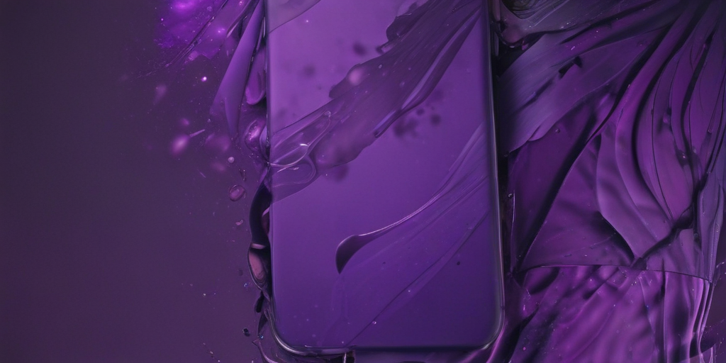 Vibrant Purple Smartphone Surrounded by Swirling Fluid Abstract Art Design.