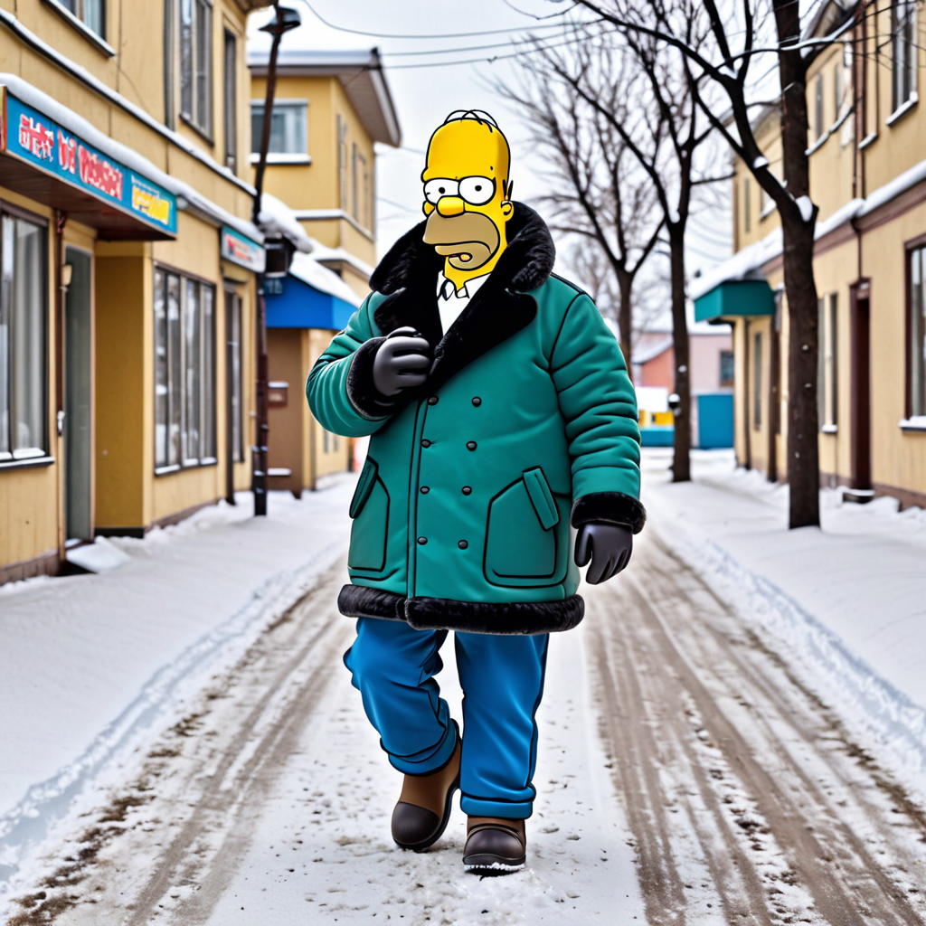 Russian Homer SImpson, clad in a ushanka and a warm coat, begins his ...
