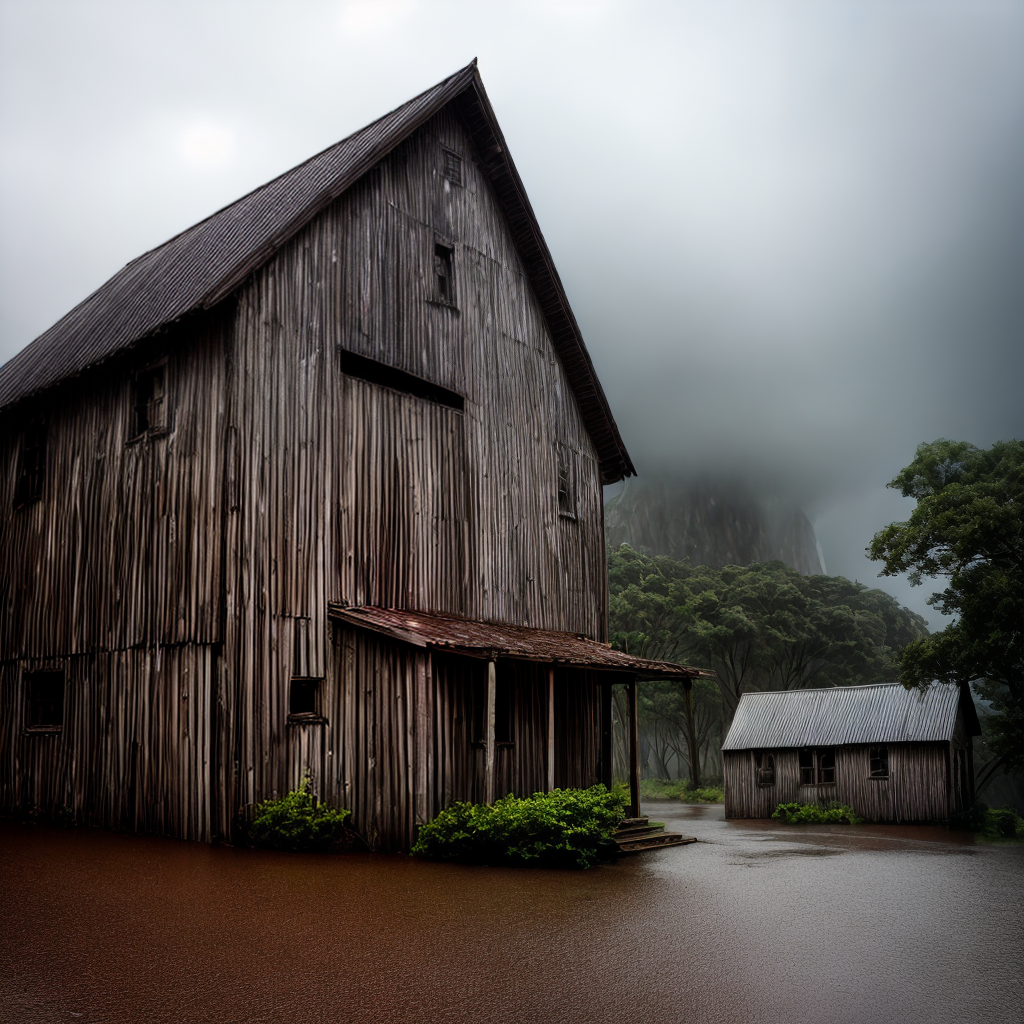 spooky shack in a rain storm
