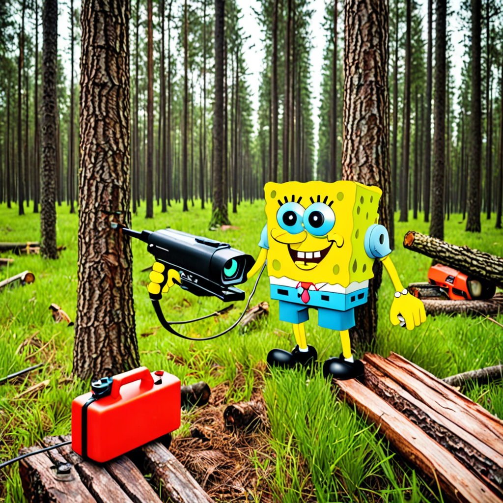 Play SpongeBob looking at the security camera in the forest with a chainsaw