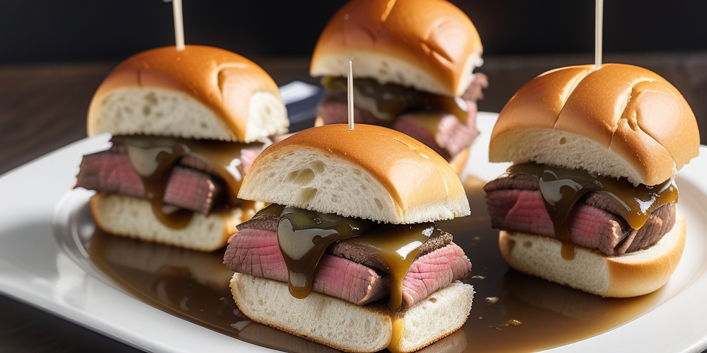 Delicious Mini Roast Beef Sliders with Savory Gravy on Soft Buns.