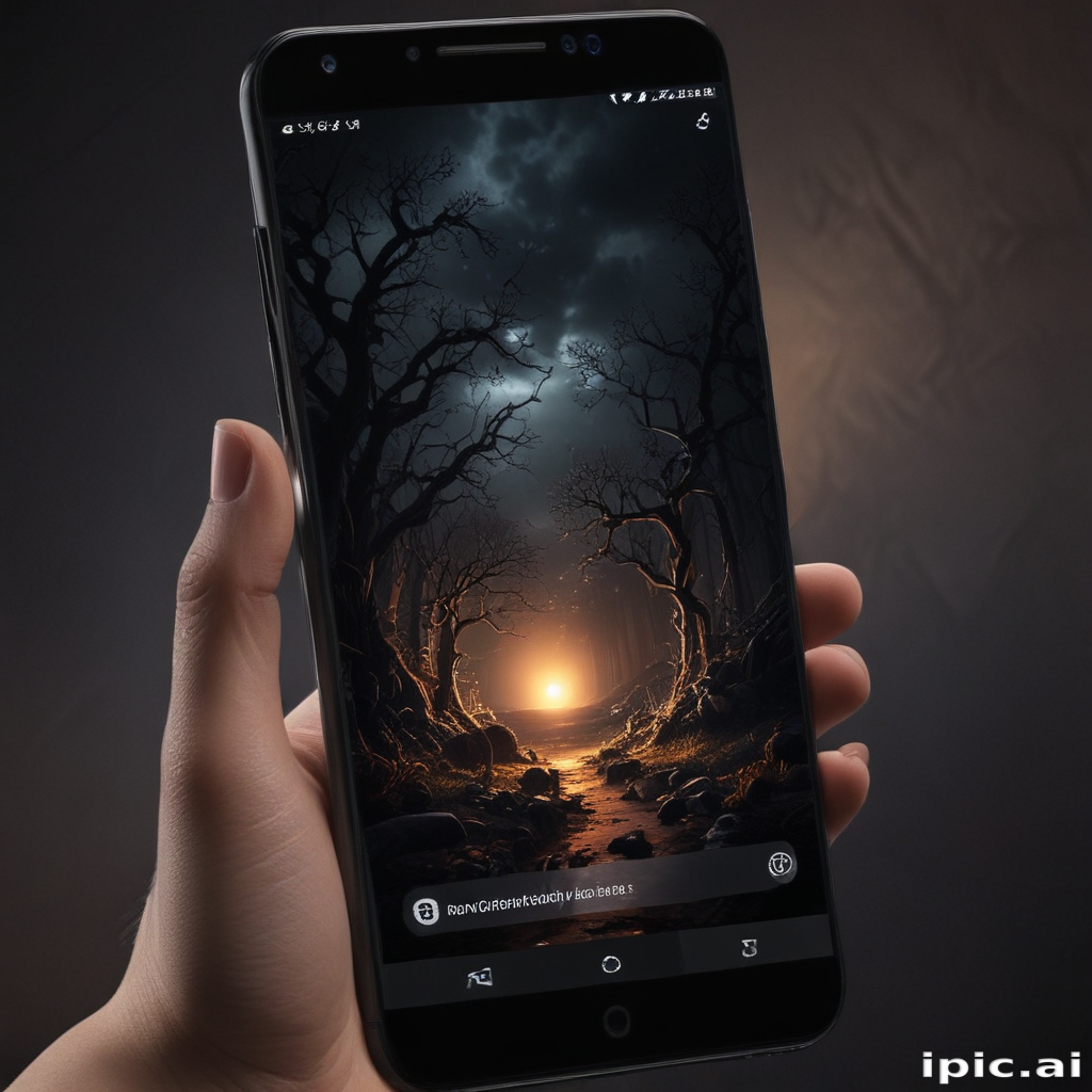 A Mysterious Forest Scene Illuminated by a Glowing Light on a Phone.