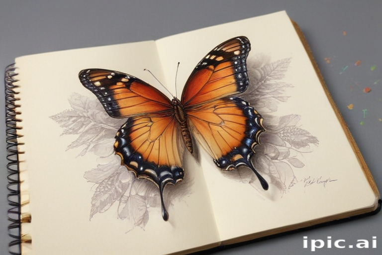 Realistic Butterfly Illustration Emerging from an Open Sketchbook Page
