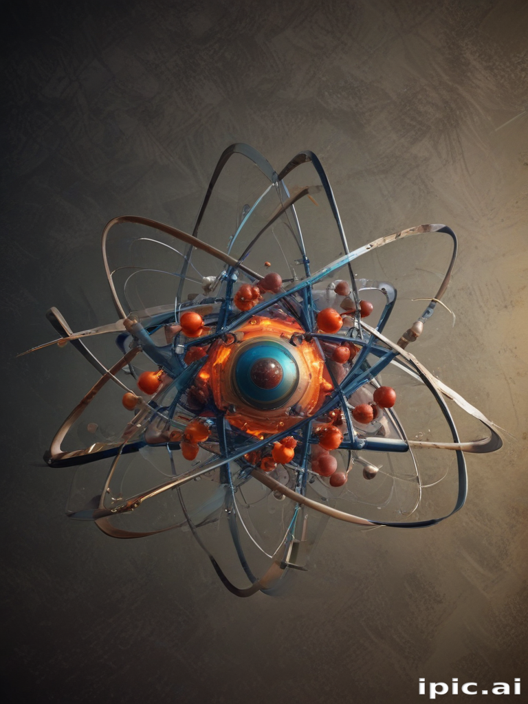 Intricate 3D Model of an Atom with Colorful Electrons and Nucleus