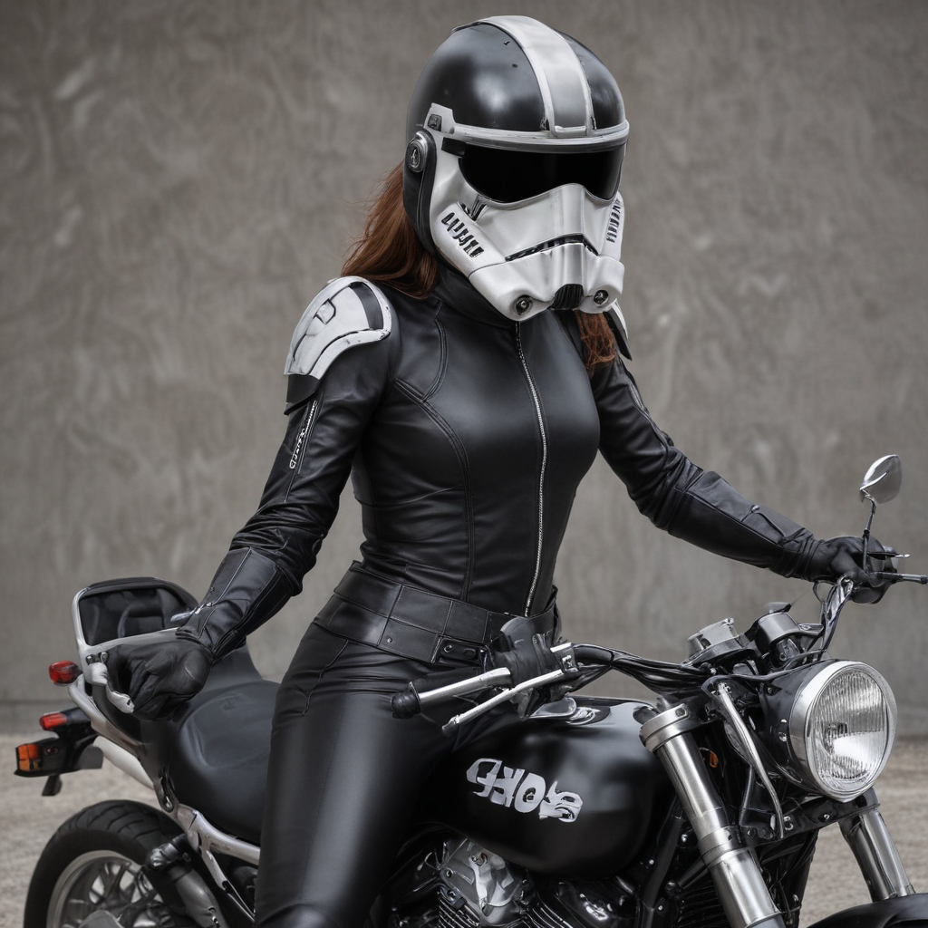 woman in black leather on a motorcycle with stormtrooper helmet