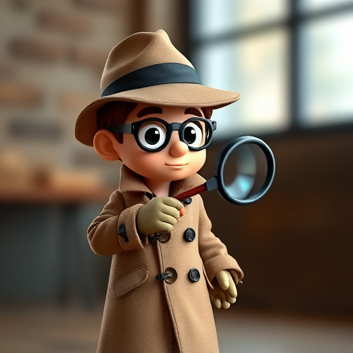 Curious Cartoon Detective Investigating Clues with a Magnifying Glass