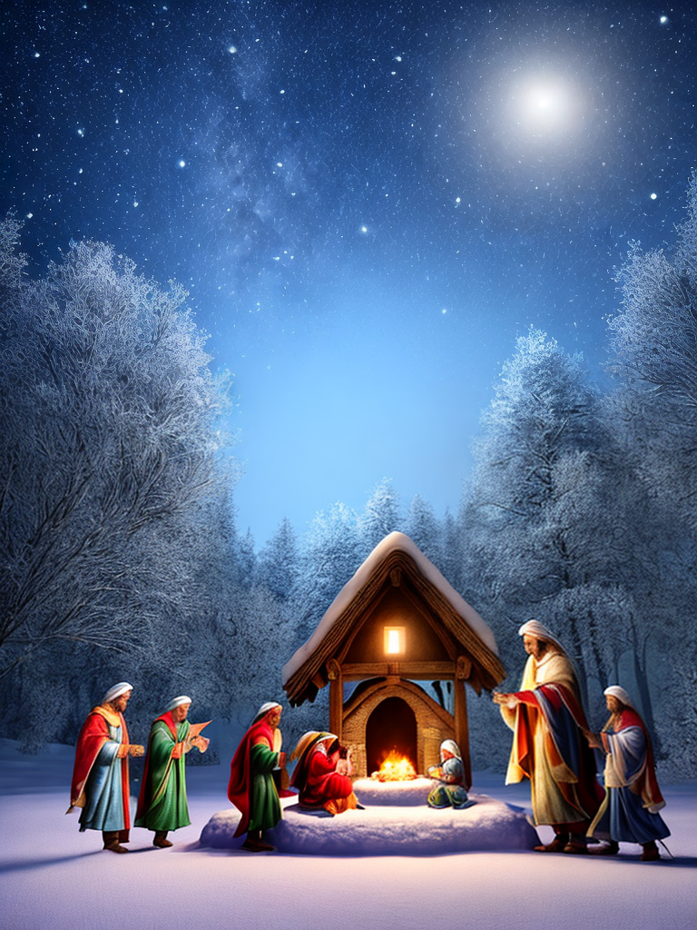 nativity scene in the snow in the night