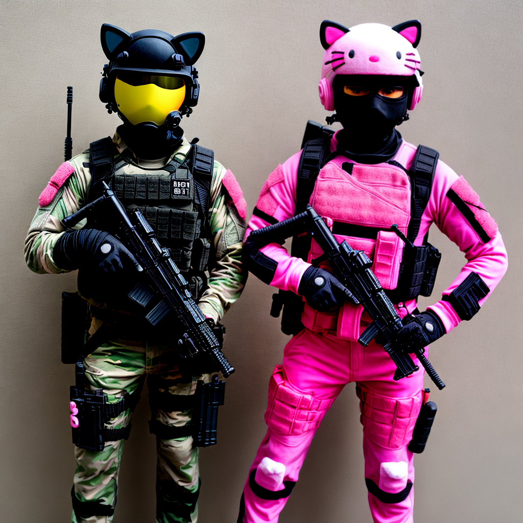 2 Tactical Hello Kitty Cat in pink SWAT suit Standing and holding gun ...