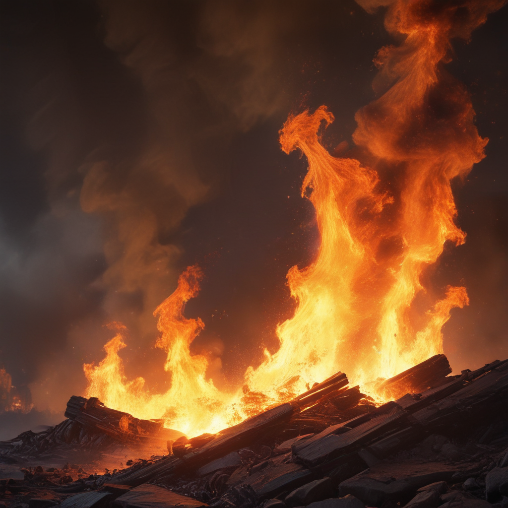 Intense Flames Erupting from Charred Ground Amidst Dark Smoke and Ash