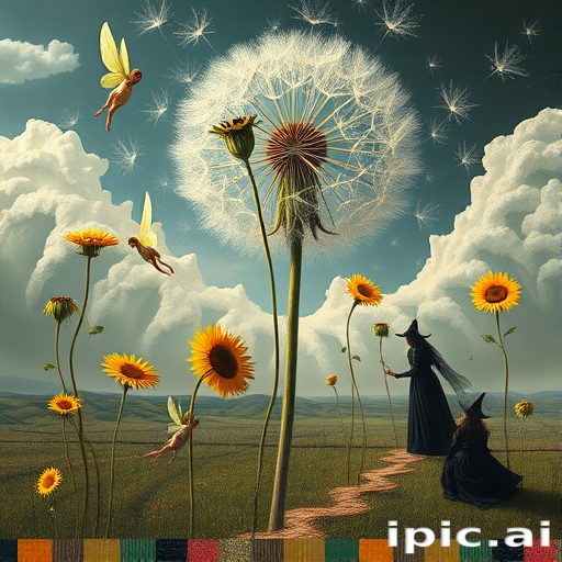 Whimsical Fairies Dancing Around a Giant Dandelion in a Dreamy Meadow