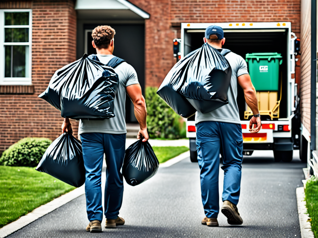 realistic handsome muscular garbagemen from behind carrying black ...
