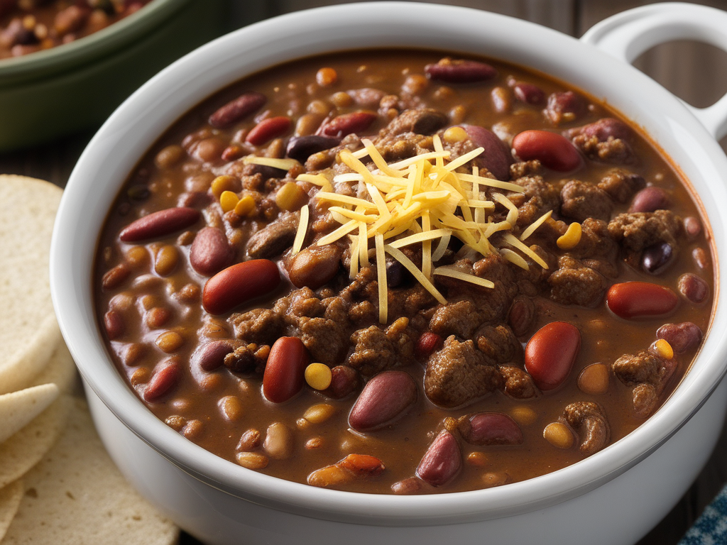 Delicious Hearty Chili with Ground Beef, Beans, and Topped with Cheese.