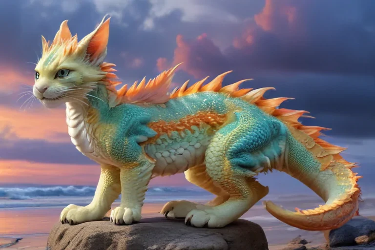 Whimsical Creature: A Colorful Dragon-Cat Hybrid Stands by the Ocean