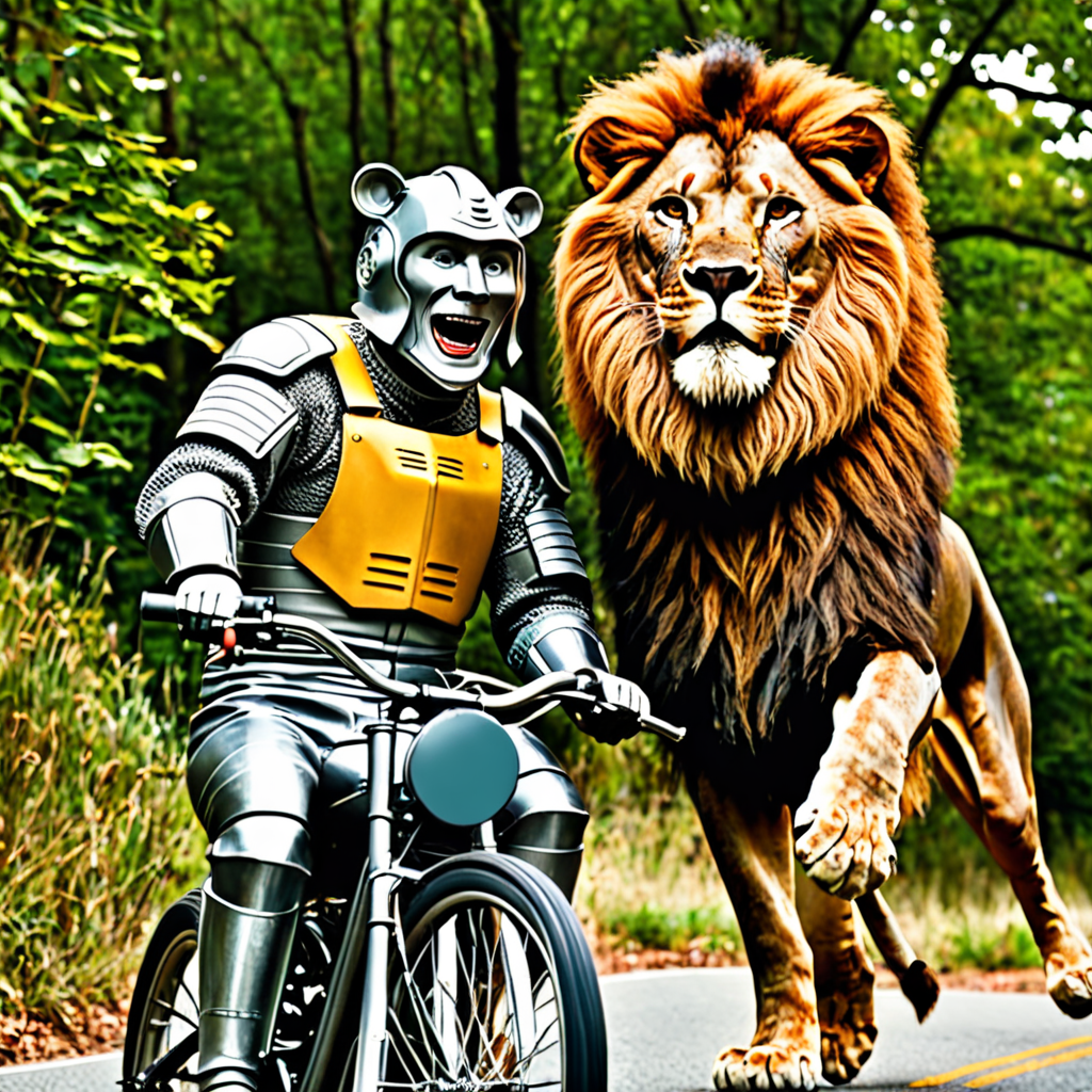 Tinman and Lion riding a bike and laughing