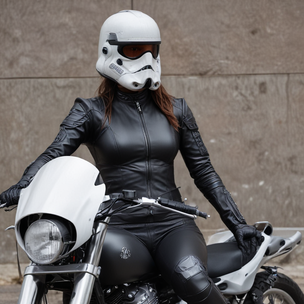 woman in black leather on a motorcycle with stormtrooper helmet