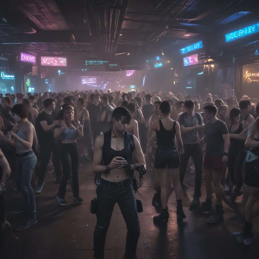 nightclub, dance floor, people dancing, cyberpunk