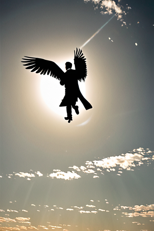 a man in black suite flying in sky with wings