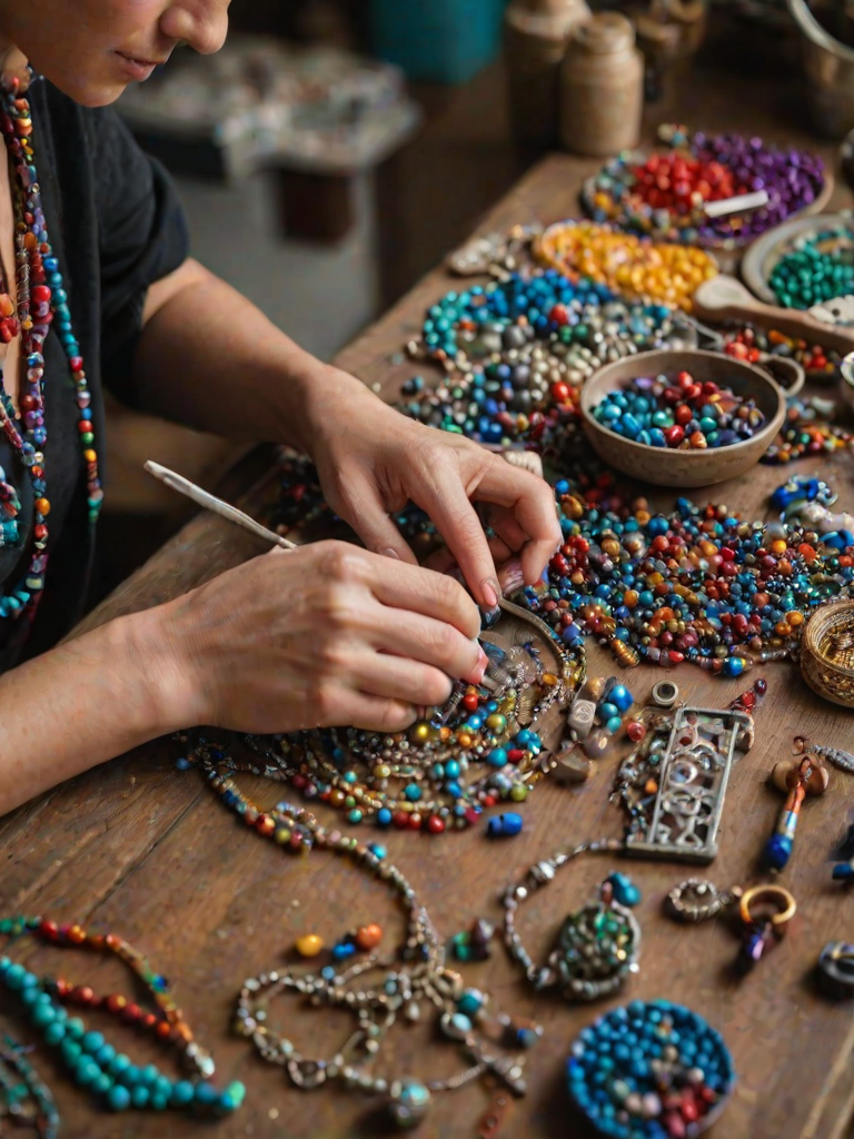 Artisan Carefully Assembling Colorful Beaded Jewelry on a Rustic Wooden ...