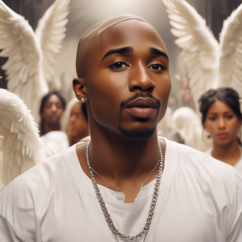Tupac Shakur singing in heaven with a crowd of angels