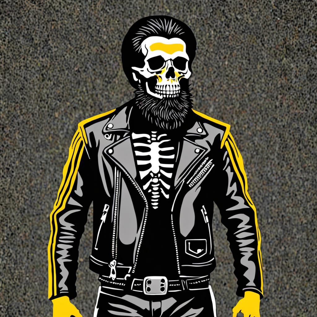 illustration of a black and yellow biker skeleton with a beard