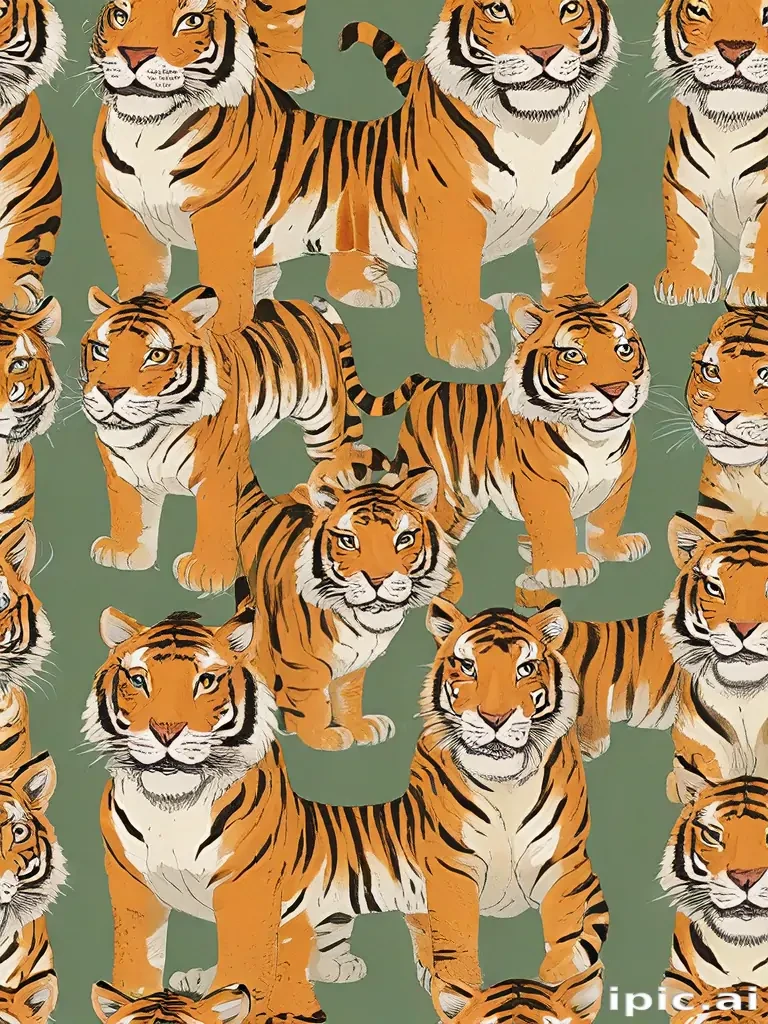 Vibrant Pattern of Majestic Tigers in Various Poses Against Green ...