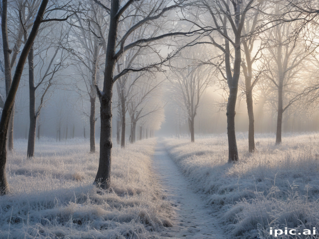 A Serene Winter Pathway Through Frosty Trees in a Misty Forest.