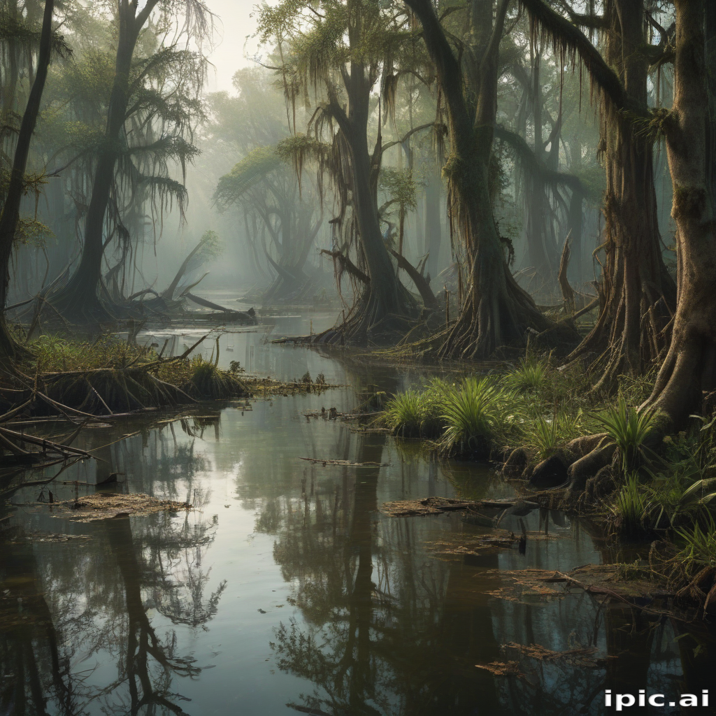 Mystical Morning in a Foggy Bayou Surrounded by Ancient Trees