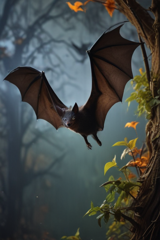 A Mysterious Bat Soars Through a Foggy Forest at Dusk