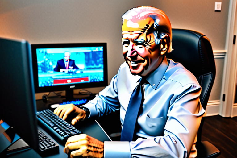 Joe Biden gaming on a blue high-tech gaming PC setup