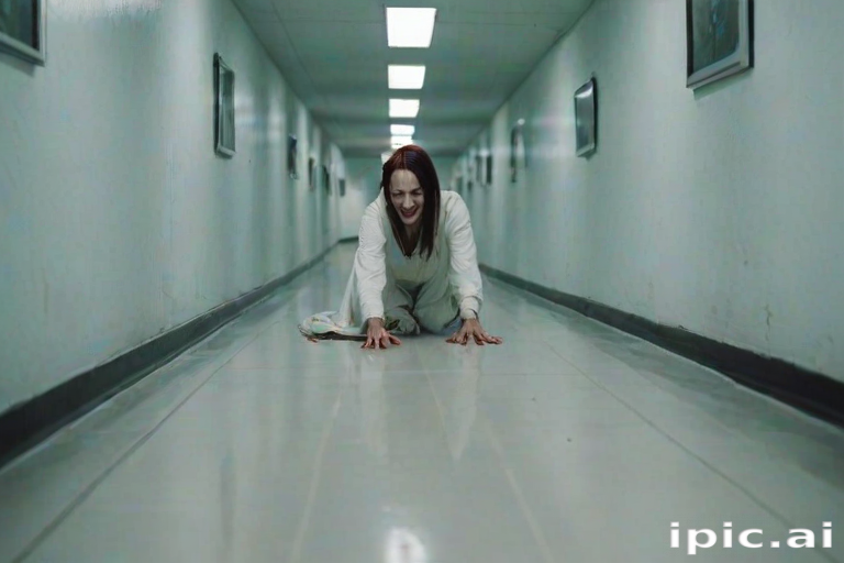 A Disturbing Scene of a Creepy Figure Crawling Down a Dimly Lit Hallway